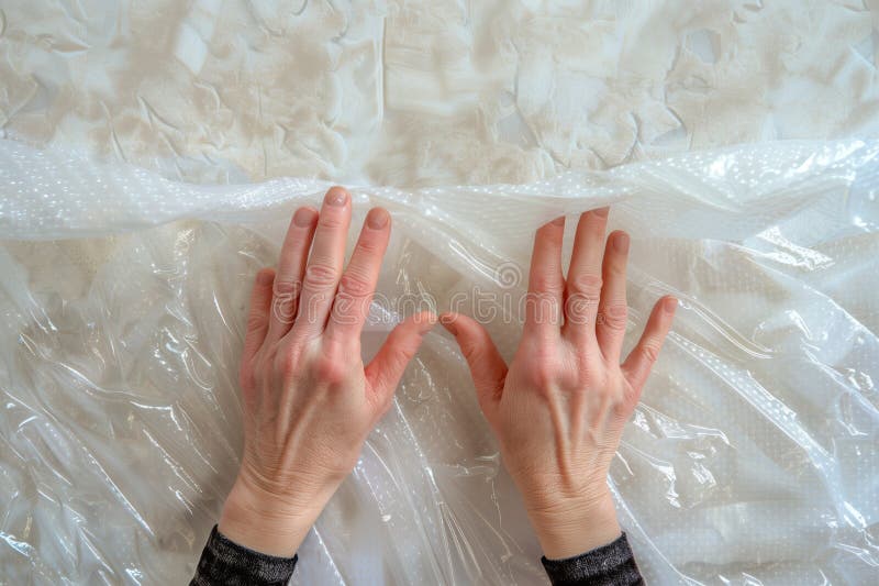 Hands Stretching a Piece of Bubble Wrap Wide Stock Photo - Image of ...