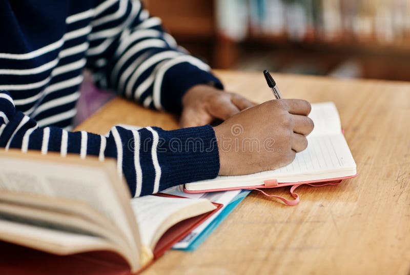 Hands, Student and Writing with Book in Library for Education ...
