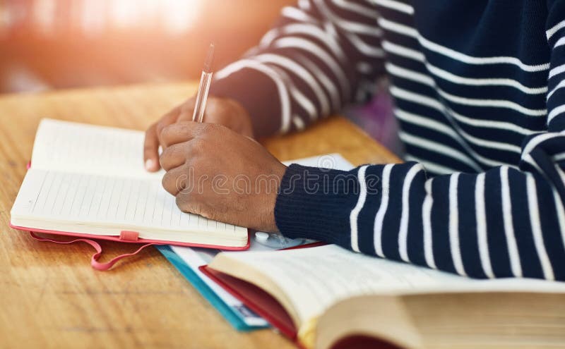 Hands, Student and Writing with Notebook in Library for Education ...