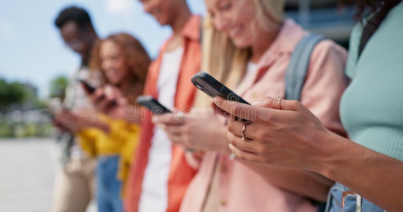 Hands, Students and Group with Phone for Texting, Mobile App and Typing ...
