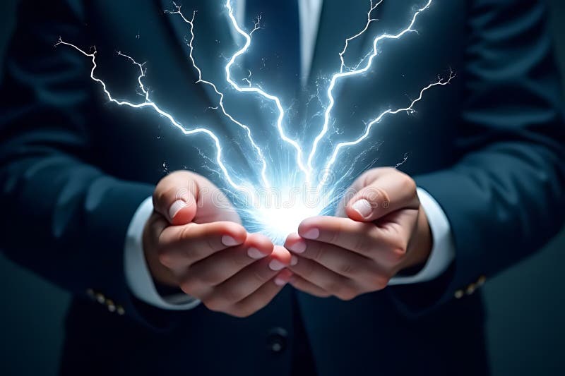 Hands in a Suit Cradle a Glowing Ball of Electric Energy Stock ...