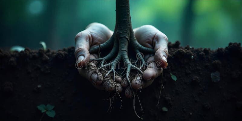 Hands Support a Small Tree with Roots, Symbolizing Growth and ...