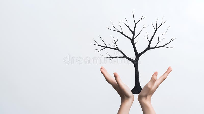 Hands Supporting a Bare Tree Silhouette Against a Minimalist Background ...