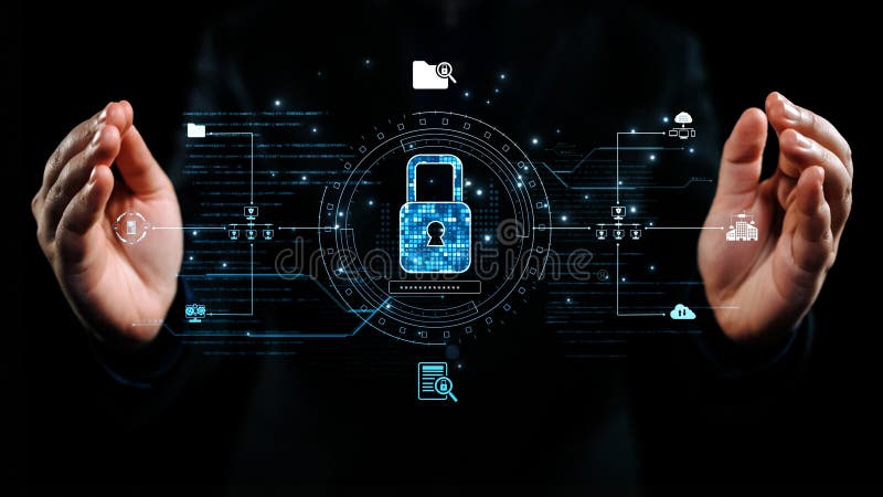Hands Surrounding Digital Lock with Cybersecurity Icons and Data ...