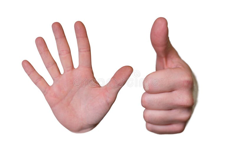 Closeup of Male Hand Showing Thumbs Up Sign Against White Background ...