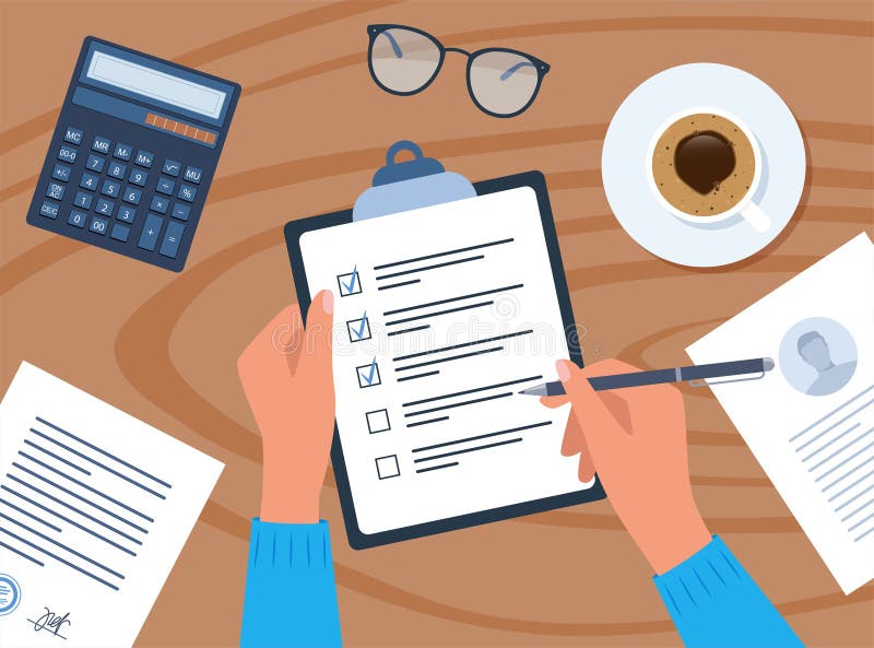 Hands on the Table. a Businessman Writes a Project Plan, Clipboard with ...