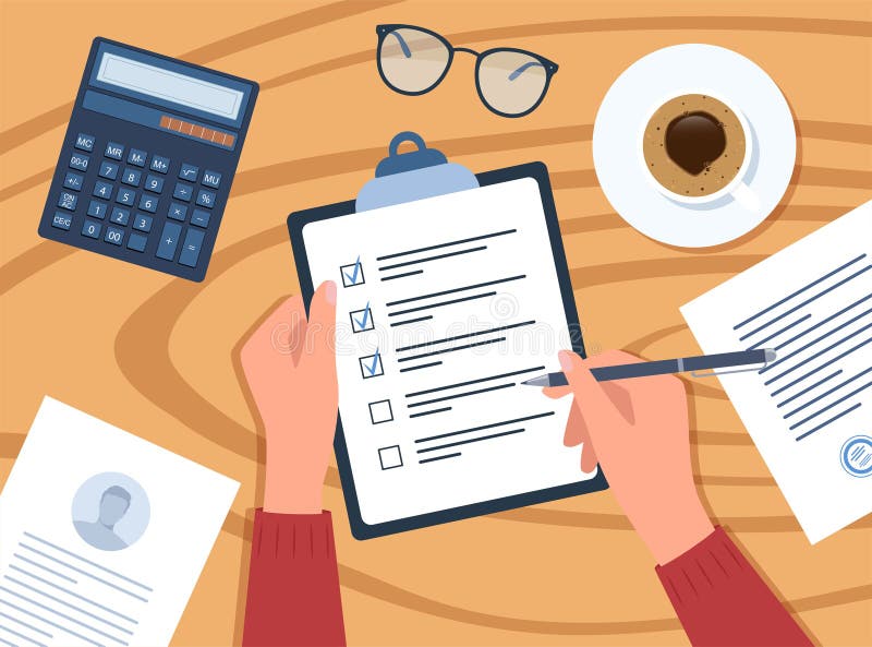 Hands on the Table. a Businessman Writes a Project Plan, Clipboard with ...