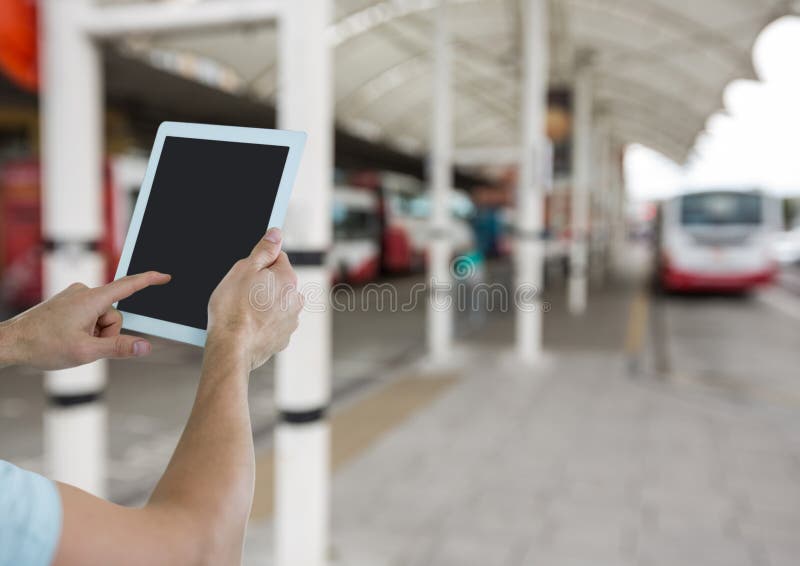 Hands with Tablet in the Bus Station Stock Photo - Image of casual ...