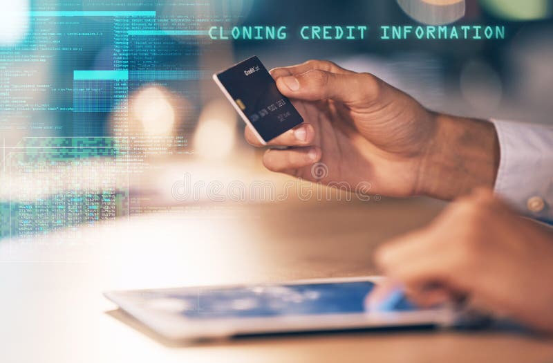 Hands Tablet And Credit Card Hacking Bank Information Cloning Or Cybersecurity At Night On