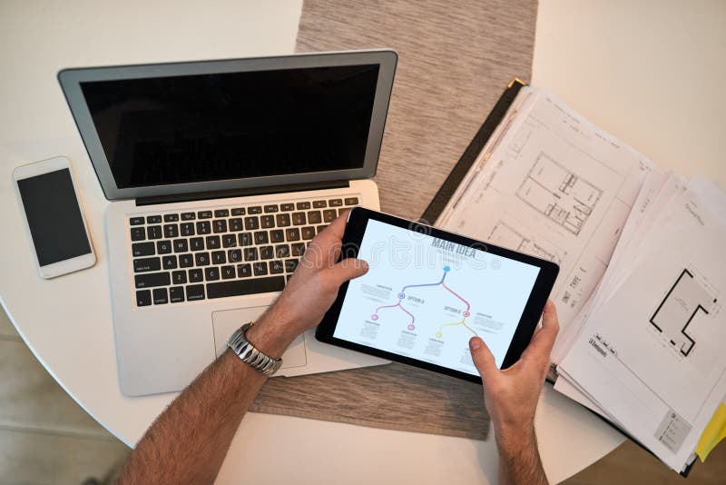 Hands, Tablet and Floor Plan in Documents, Office and Architect with ...