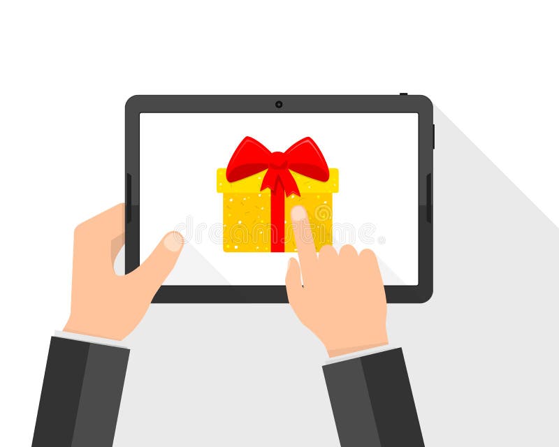 Hands with Tablet and Gift Box. Vector Illustration Stock Illustration ...