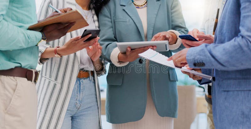 Hands, Tablet and Group Teamwork of Business People Work on Meeting ...