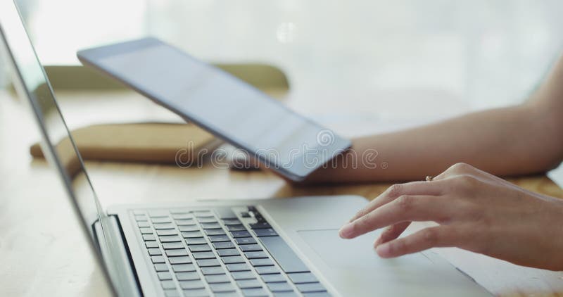 Hands, Tablet and Laptop for Work in Office, Digital and Scroll on ...