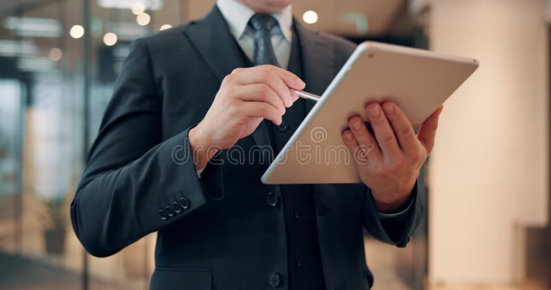 Hands, Tablet and Person in Office with Pen in Corridor, Planning or ...