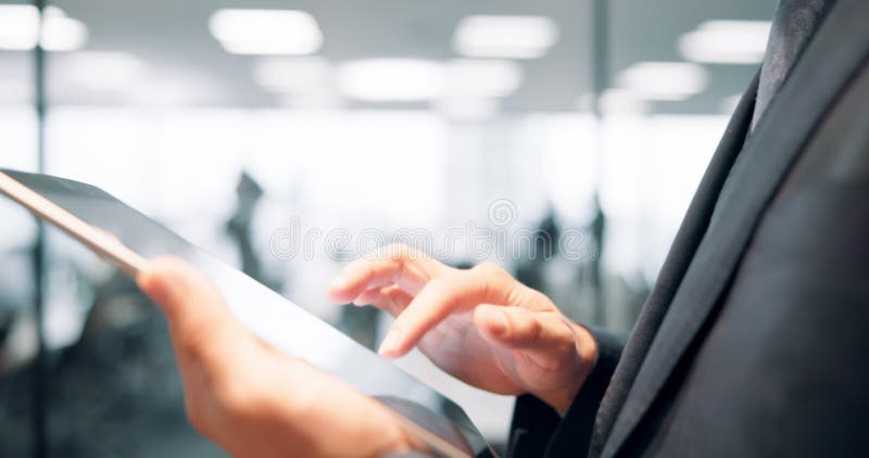 Hands, Tablet and Person in Office with Typing in Corridor, Scroll and ...