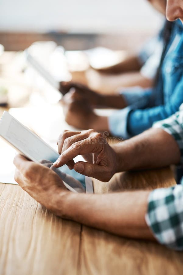 Hands, Tablet and Queue in Office on Internet, Scroll and Typing with ...