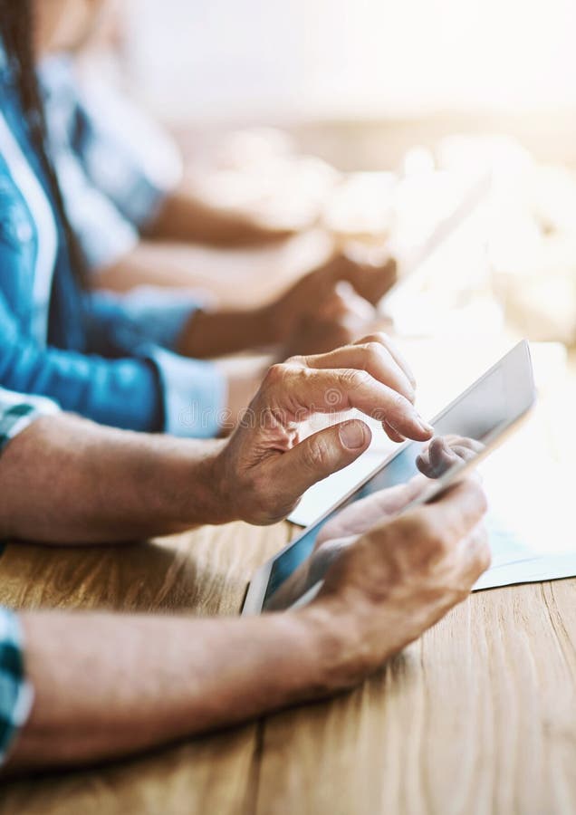 Hands, Tablet and Queue in Office for Search, Scroll and Typing with ...