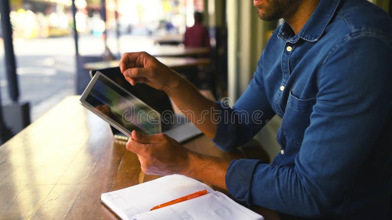 Hands, Tablet and Remote Work in a Cafe with a Man Entrepreneur at a ...
