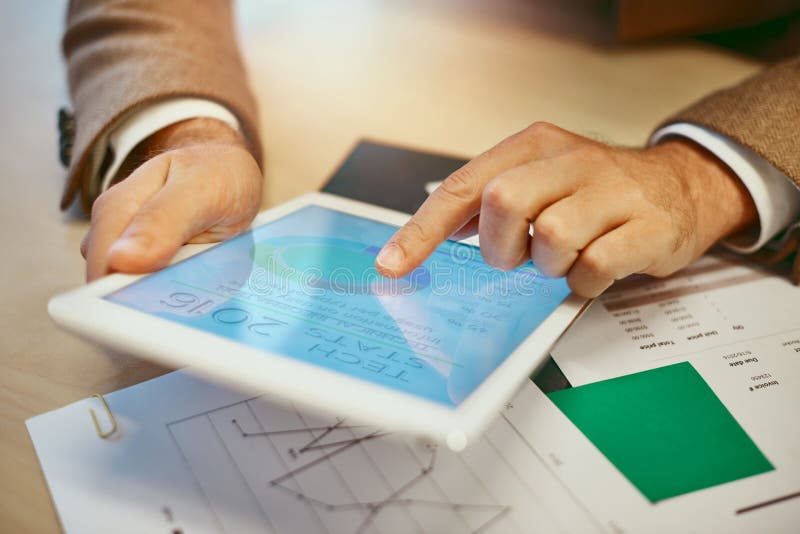 Hands, Tablet and Research with Notes, Documents and Entrepreneur for ...