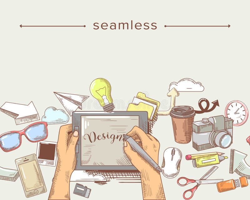 Hands with Tablet and Working Stuff on Desk Seamless Pattern, Doodle ...