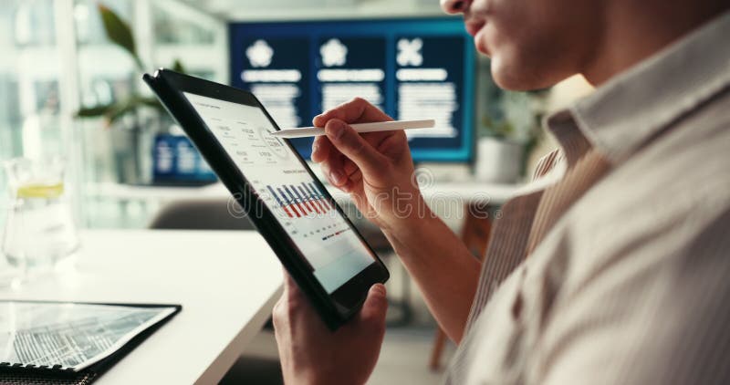 Hands, Tablet and Writing with Charts, Accounting and Stylus for Review, Process and Info in ...