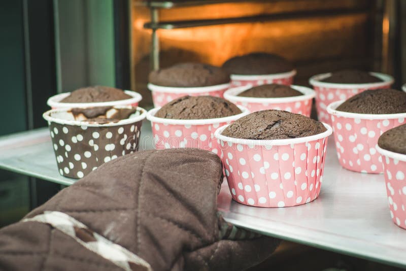 Hands Take Chocolate Cupcake Off the Oven. Stock Image - Image of ...