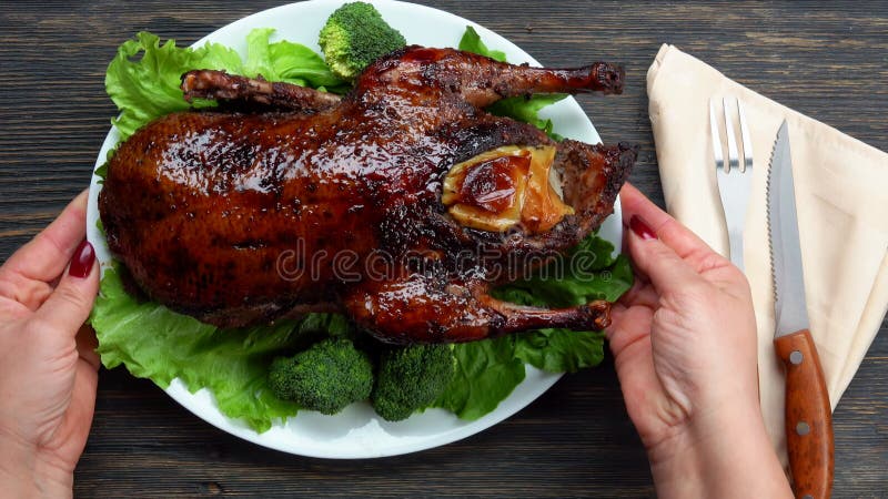 Hands Take the Duck Prepared for Roasting from the Table Stock Video ...