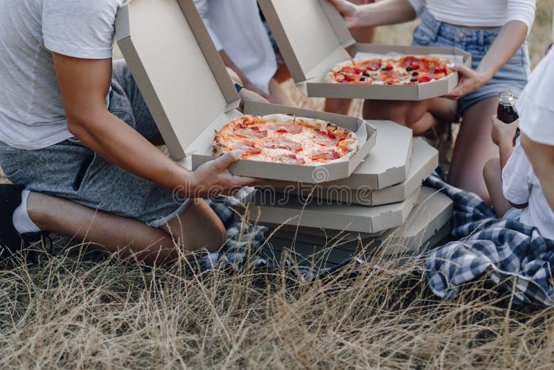 Hands Take Out Pizza from Boxes at Picnic Stock Image - Image of food ...