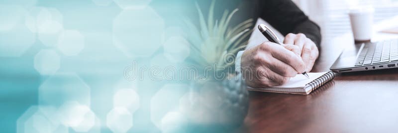 Hands Taking Notes on Notebook; Panoramic Banner Stock Illustration ...
