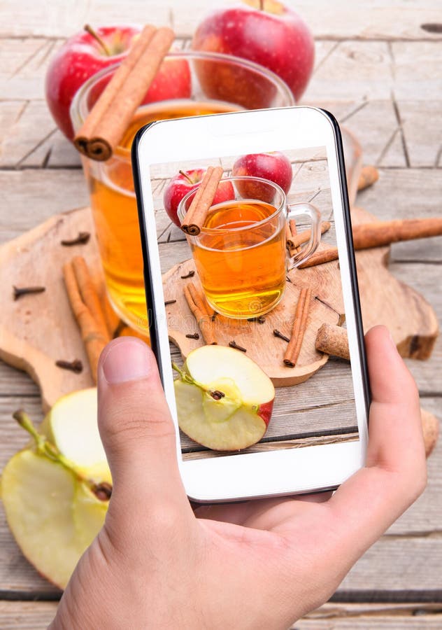 Hands Taking Photo Cider with Smartphone. Stock Image - Image of ...