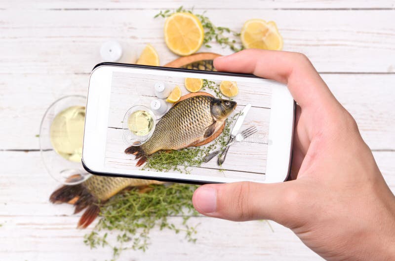 Hands Taking Photo Fish with Smartphone. Stock Photo - Image of fresh ...