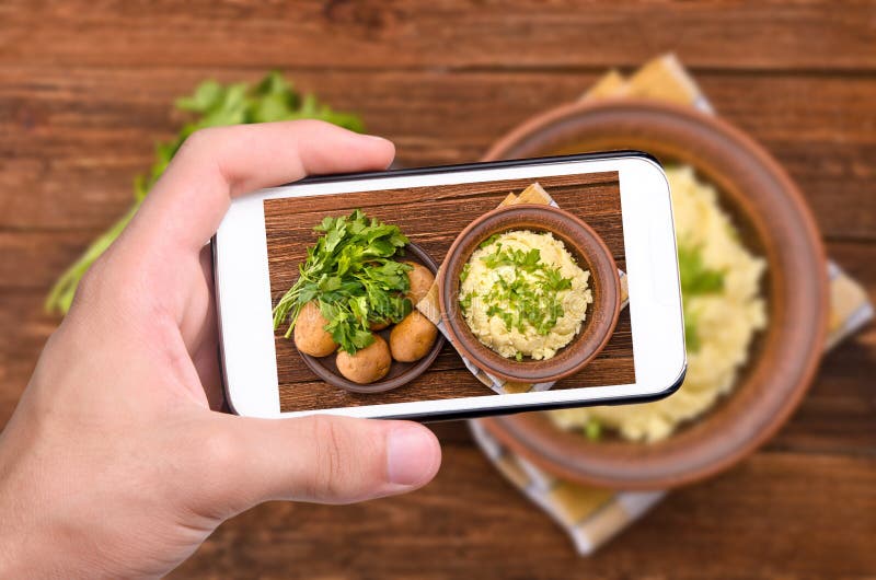 Hands Taking Photo Mashed Potato with Smartphone. Stock Image - Image ...