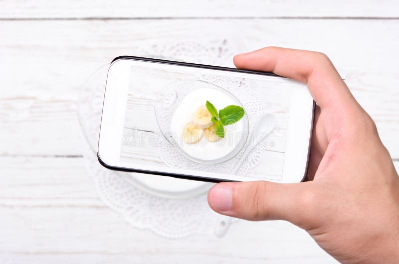 Hands Taking Photo Yogurt with Smartphone. Stock Photo - Image of fresh ...