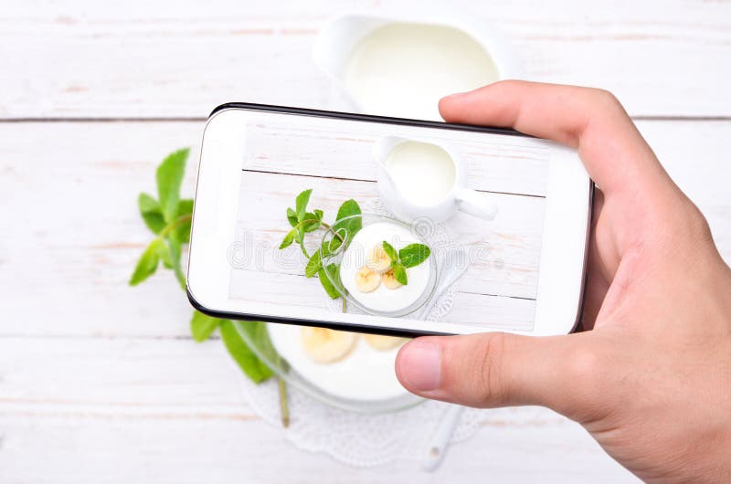 Hands Taking Photo Yogurt with Smartphone. Stock Photo - Image of ...