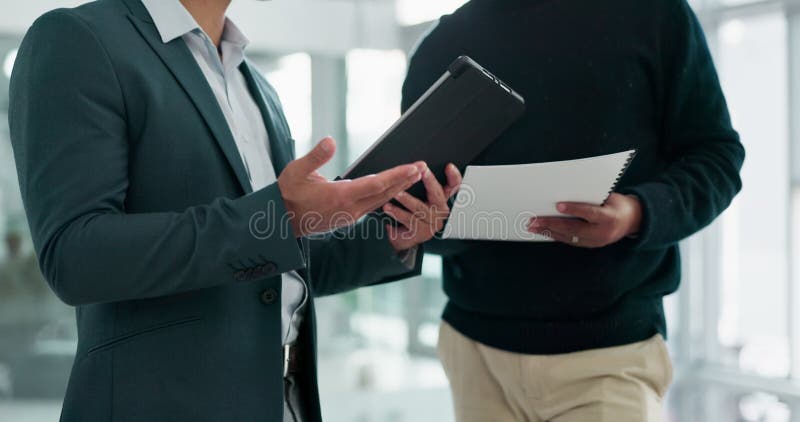 Hands, Talking and Business People with a Tablet and Report for Advice ...