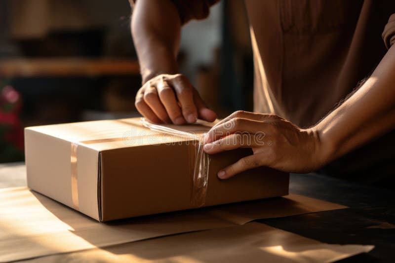 Hands Taping a Cardboard Box, Preparing it for Shipment. Generative AI ...