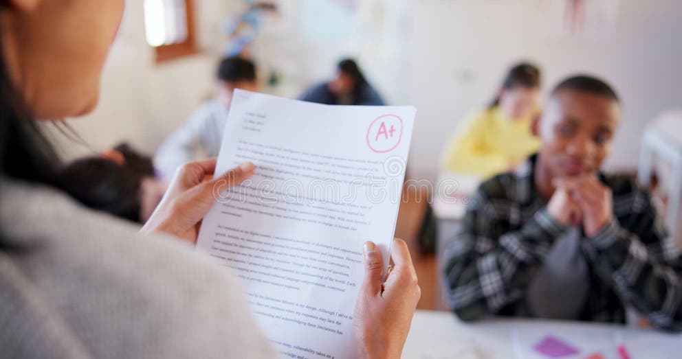 Hands, Teacher and Results on Paper in Classroom with Reading, Students ...