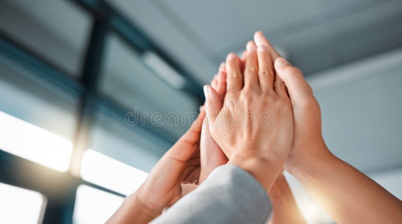 Hands, Team and High Five for Collaboration, Trust or Unity in ...