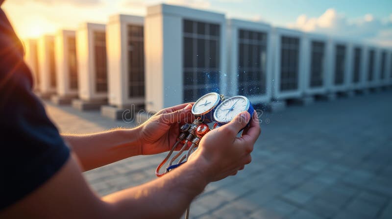 HVAC Technician Using Pressure Gauges on Rooftop Cooling Units at ...