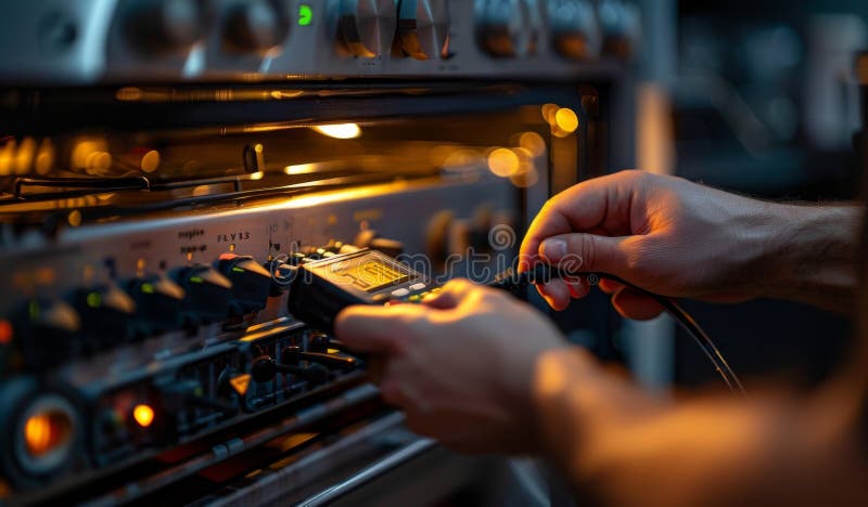 Hands Testing Electronic Components with a Multimeter in a Workshop ...