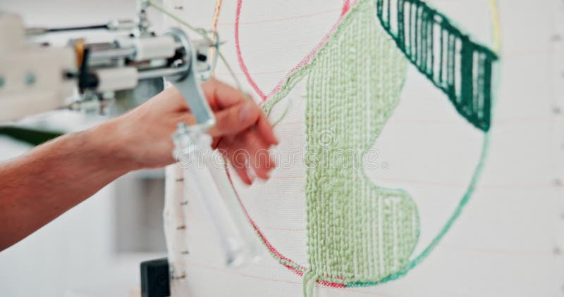 Hands, Textile and Machine in Workshop with Tufting for Carpet ...