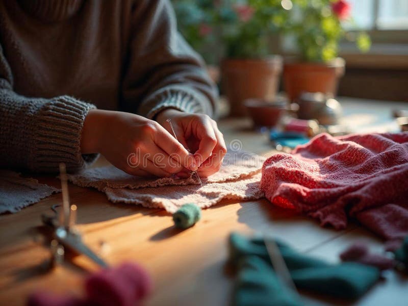 Hands Threading Needle with Red Thread for Hand Sewing Stock ...