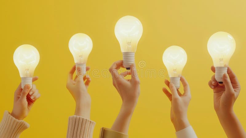 The Hands of Three People Holding Light Bulbs on a Yellow Background. a ...