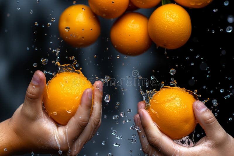 Hands Throwing Oranges Up with Water Drops Stock Photo - Image of ...