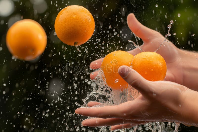 Hands Throwing Oranges Up with Water Drops Stock Image - Image of ...
