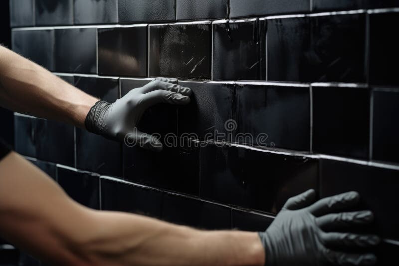 Hands of the Tiler are Laying Black Ceramic Tile on the Wall. Ai ...