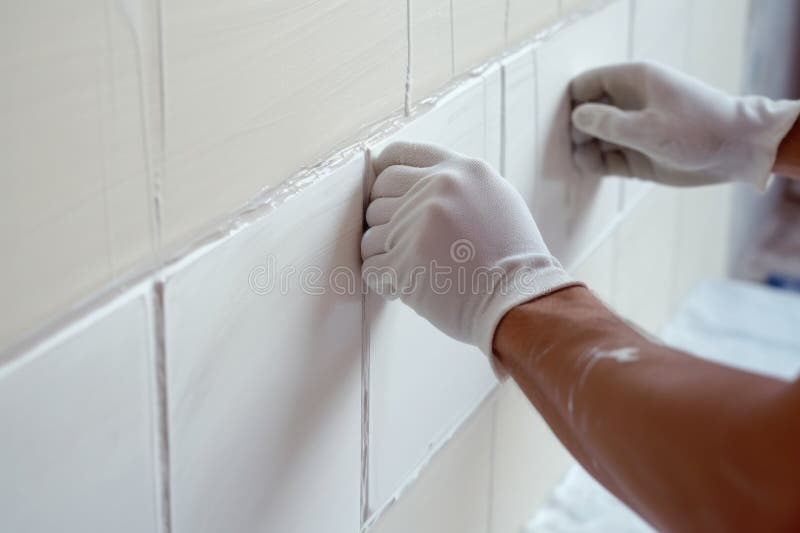 Hands of the Tiler are Laying White Ceramic Tile on the Wall. Ai ...
