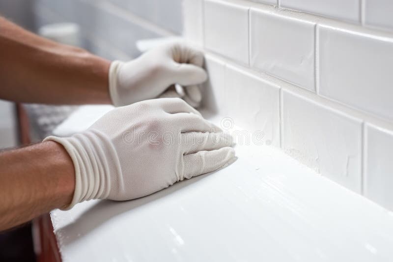 Hands of the Tiler are Laying White Ceramic Tile on the Wall. Ai ...