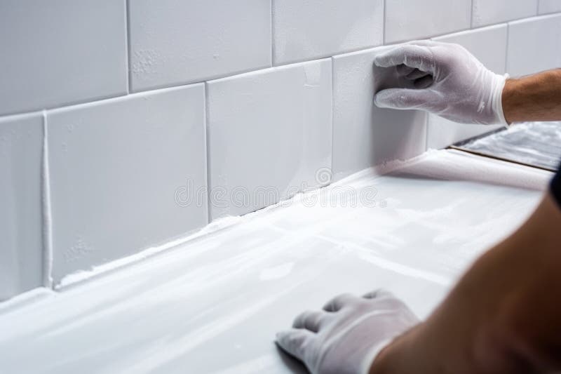 Hands of the Tiler are Laying White Ceramic Tile on the Wall. Ai ...