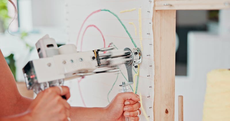 Hands, Tool and Weave Pattern with Wool on Paper in Art Class, Skill ...